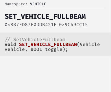 SetVehicleFullbeam - FiveM Natives @ Cfx.re Docs