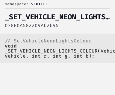 SetVehicleNeonLightsColour - FiveM Natives @ Cfx.re Docs