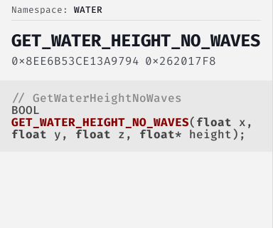GetWaterHeightNoWaves - FiveM Natives @ Cfx.re Docs