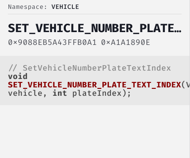 SetVehicleNumberPlateTextIndex - FiveM Natives @ Cfx.re Docs