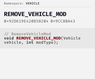 RemoveVehicleMod - FiveM Natives @ Cfx.re Docs