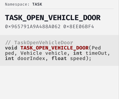 TaskOpenVehicleDoor - FiveM Natives @ Cfx.re Docs