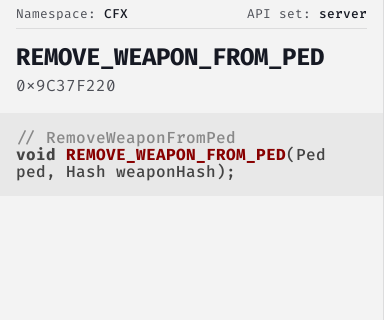 RemoveWeaponFromPed - FiveM Natives @ Cfx.re Docs