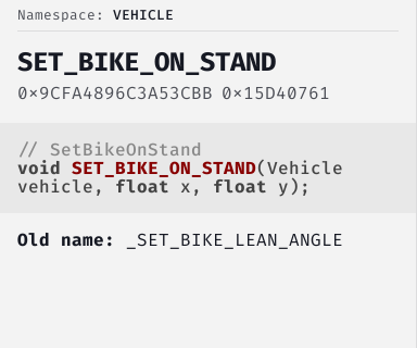 SetBikeOnStand - FiveM Natives @ Cfx.re Docs