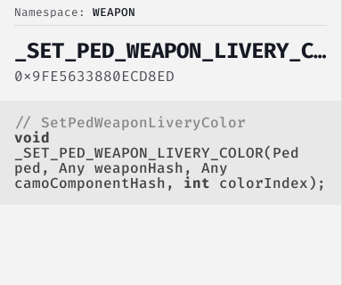 SetPedWeaponLiveryColor - FiveM Natives @ Cfx.re Docs