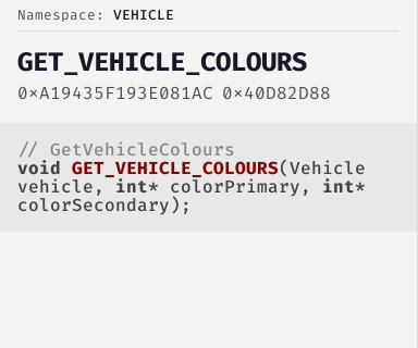 GetVehicleColours - FiveM Natives @ Cfx.re Docs
