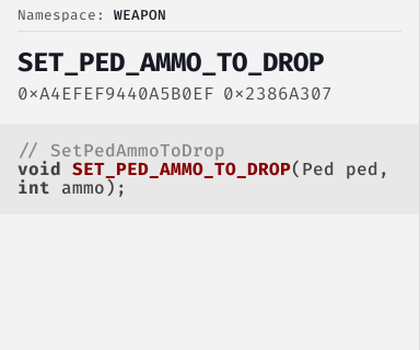 SetPedAmmoToDrop - FiveM Natives @ Cfx.re Docs
