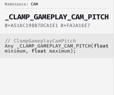 ClampGameplayCamPitch - FiveM Natives @ Cfx.re Docs