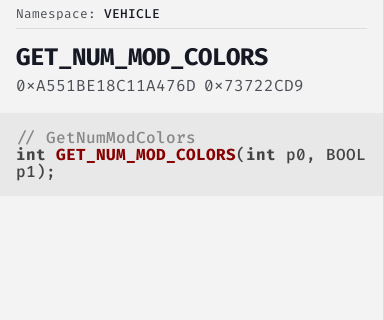 GetNumModColors - FiveM Natives @ Cfx.re Docs