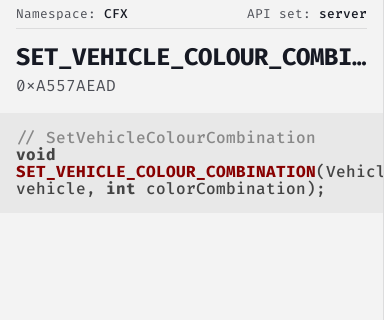 SetVehicleColourCombination - FiveM Natives @ Cfx.re Docs