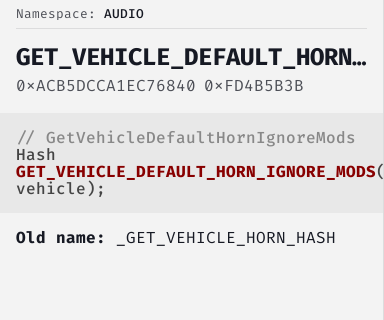 GetVehicleDefaultHornIgnoreMods - FiveM Natives @ Cfx.re Docs