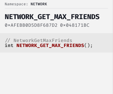 NetworkGetMaxFriends - FiveM Natives @ Cfx.re Docs