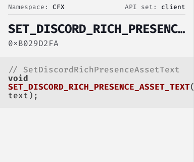 SetDiscordRichPresenceAssetText - FiveM Natives @ Cfx.re Docs