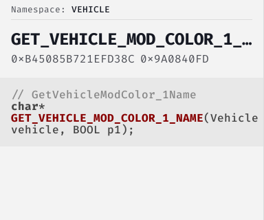 GetVehicleModColor_1Name - FiveM Natives @ Cfx.re Docs