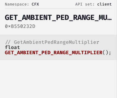 GetAmbientPedRangeMultiplier - FiveM Natives @ Cfx.re Docs