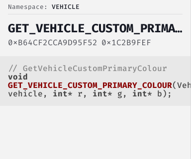 GetVehicleCustomPrimaryColour - FiveM Natives @ Cfx.re Docs