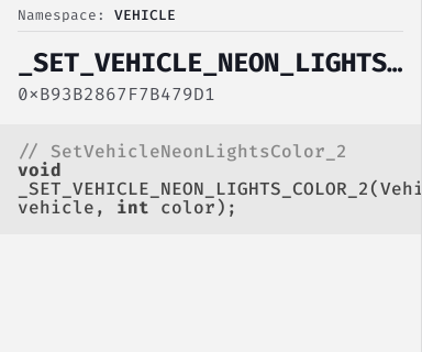 SetVehicleNeonLightsColor_2 - FiveM Natives @ Cfx.re Docs