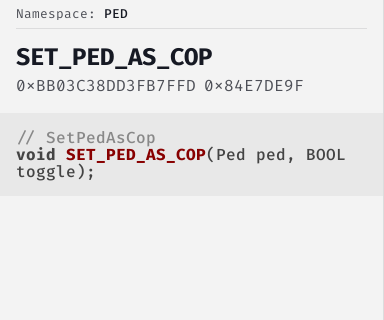 SetPedAsCop - FiveM Natives @ Cfx.re Docs