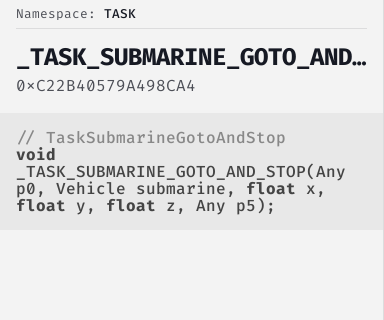 TaskSubmarineGotoAndStop - FiveM Natives @ Cfx.re Docs