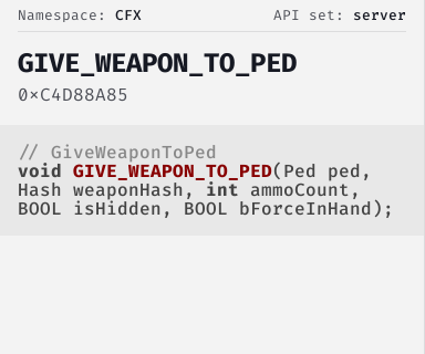 GiveWeaponToPed - FiveM Natives @ Cfx.re Docs