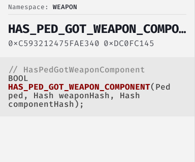 HasPedGotWeaponComponent - FiveM Natives @ Cfx.re Docs
