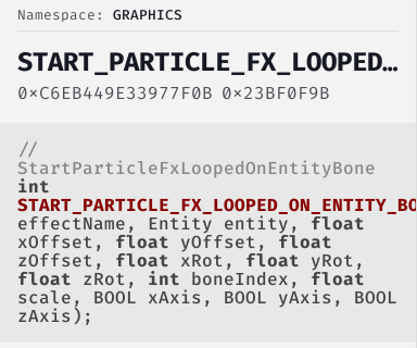 StartParticleFxLoopedOnEntityBone - FiveM Natives @ Cfx.re Docs