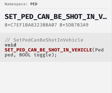 SetPedCanBeShotInVehicle - FiveM Natives @ Cfx.re Docs