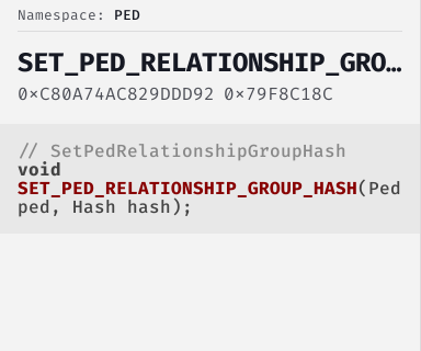 SetPedRelationshipGroupHash - FiveM Natives @ Cfx.re Docs