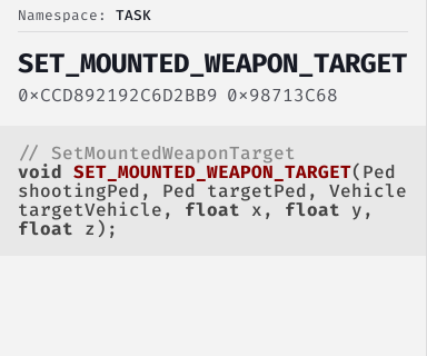 SetMountedWeaponTarget - FiveM Natives @ Cfx.re Docs