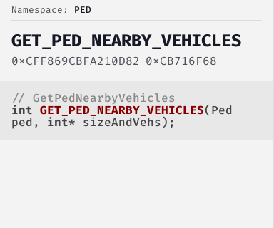 GetPedNearbyVehicles - FiveM Natives @ Cfx.re Docs