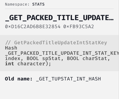 GetPackedTuIntStatKey - FiveM Natives @ Cfx.re Docs