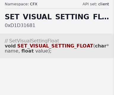 SetVisualSettingFloat - FiveM Natives @ Cfx.re Docs