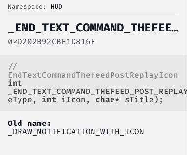 EndTextCommandThefeedPostReplayIcon - FiveM Natives @ Cfx.re Docs