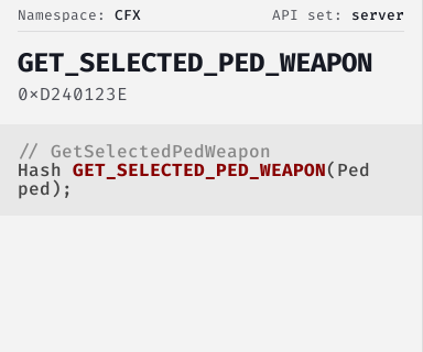 GetSelectedPedWeapon - FiveM Natives @ Cfx.re Docs