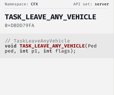TaskLeaveAnyVehicle - FiveM Natives @ Cfx.re Docs