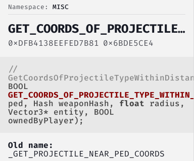 GetCoordsOfProjectileTypeWithinDistance - FiveM Natives @ Cfx.re Docs
