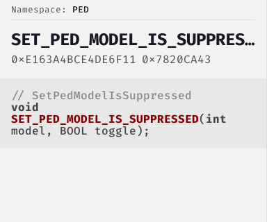 SetPedModelIsSuppressed - FiveM Natives @ Cfx.re Docs