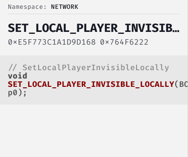 SetLocalPlayerInvisibleLocally - FiveM Natives @ Cfx.re Docs