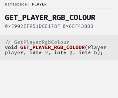 GetPlayerRgbColour - FiveM Natives @ Cfx.re Docs