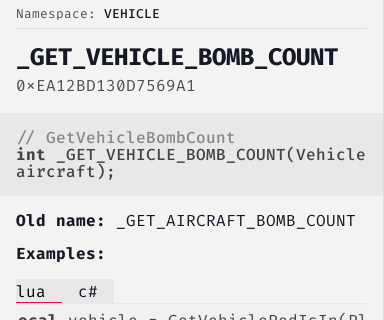 GetVehicleBombCount - FiveM Natives @ Cfx.re Docs