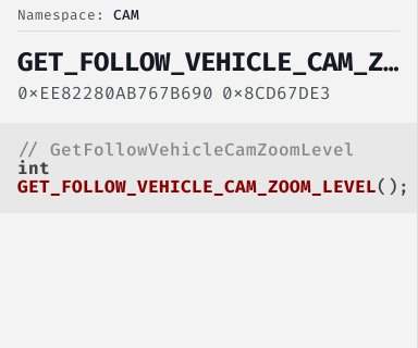 GetFollowVehicleCamZoomLevel - FiveM Natives @ Cfx.re Docs