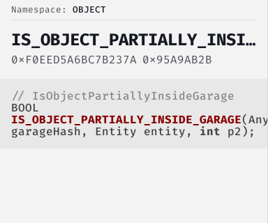 IsObjectPartiallyInsideGarage - FiveM Natives @ Cfx.re Docs