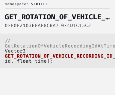 GetRotationOfVehicleRecordingIdAtTime - FiveM Natives @ Cfx.re Docs