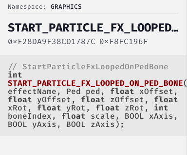 StartParticleFxLoopedOnPedBone - FiveM Natives @ Cfx.re Docs