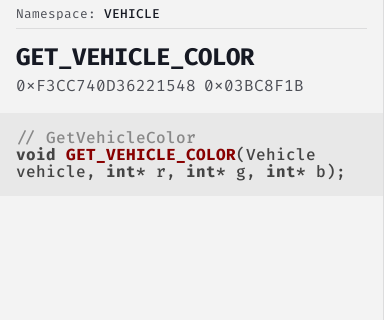 GetVehicleColor - FiveM Natives @ Cfx.re Docs