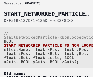 StartNetworkedParticleFxNonLoopedAtCoord - FiveM Natives @ Cfx.re Docs