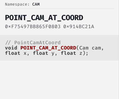 PointCamAtCoord - FiveM Natives @ Cfx.re Docs
