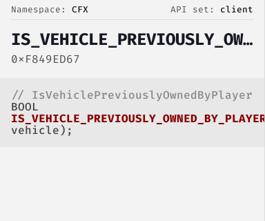 IsVehiclePreviouslyOwnedByPlayer - FiveM Natives @ Cfx.re Docs