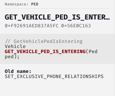 GetVehiclePedIsEntering - FiveM Natives @ Cfx.re Docs
