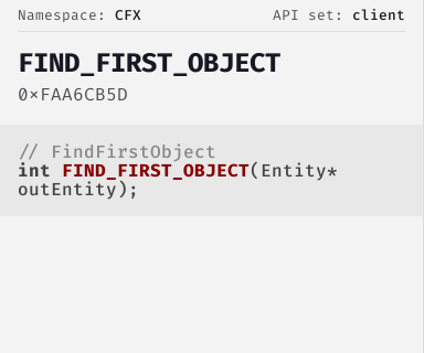 FindFirstObject - FiveM Natives @ Cfx.re Docs